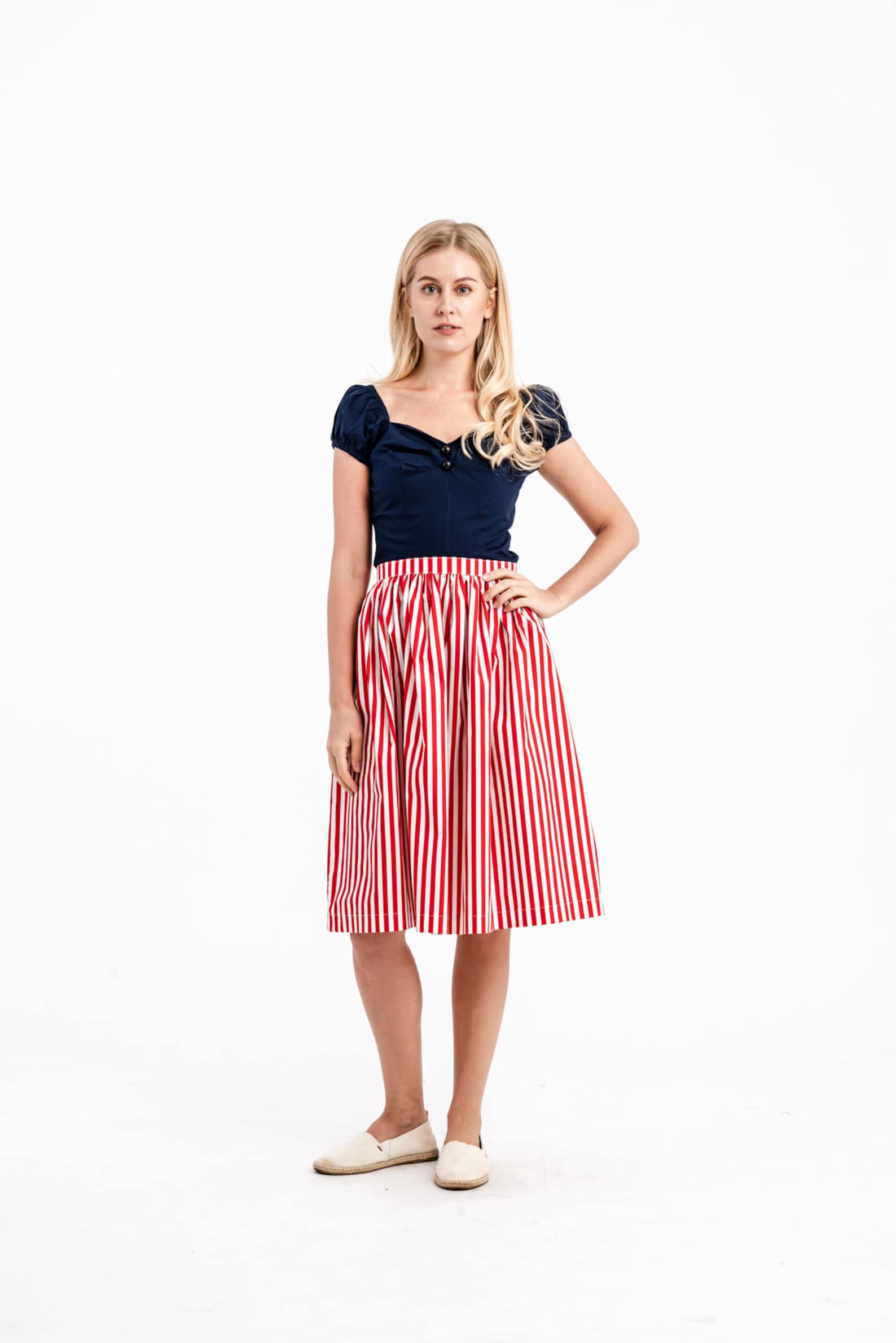 Red White Skirt Red Stripe Skirt Women Gathered Skirt - Etsy