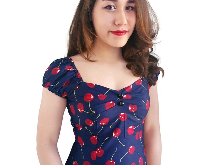 Plus Size Blue Cherry Top Pinup Top Blue Vintage Top Retro Top 50s Top ...