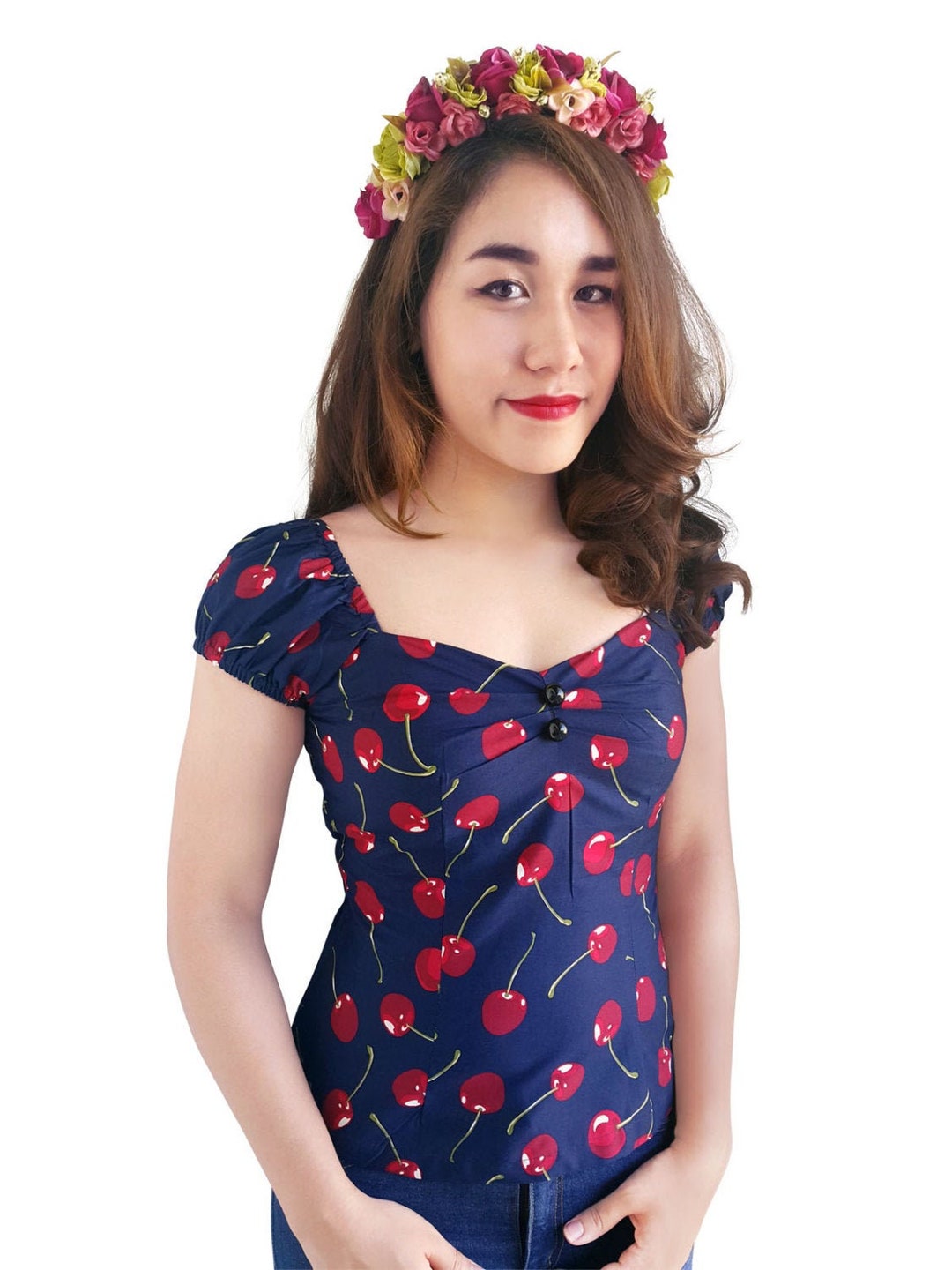 Blue Cherry Top Women Blouse Cherries Print Fruit Pinup Top Vintage Top ...
