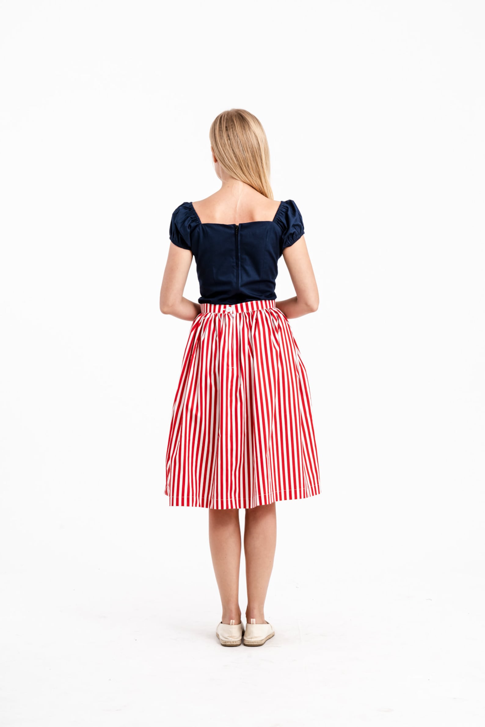 Red White Skirt Red Stripe Skirt Women Gathered Skirt - Etsy