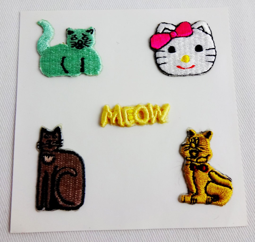 Cat Themed Mini Embroidery Embellishments, Set of 5, Stick-on Appliques ...