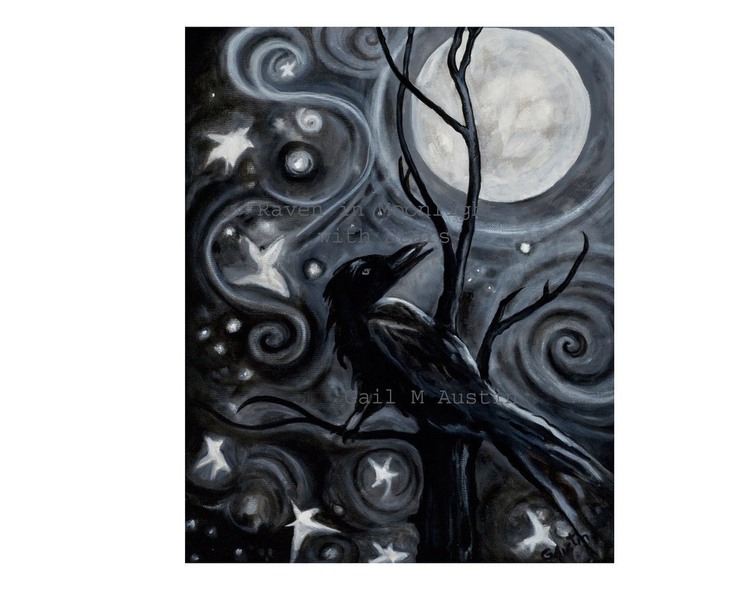 Raven in Moonlight Oil Painting – Original Starry Night Art - Etsy