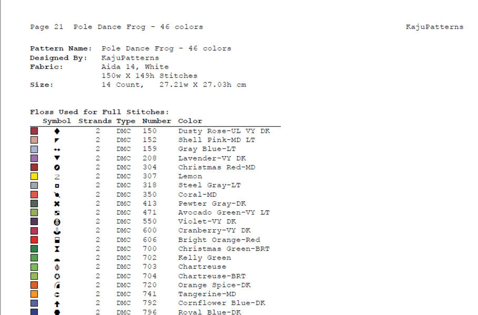 Pole Dancing Frog Cross Stitch Pattern Pdf DMC Color Chart, Printable ...