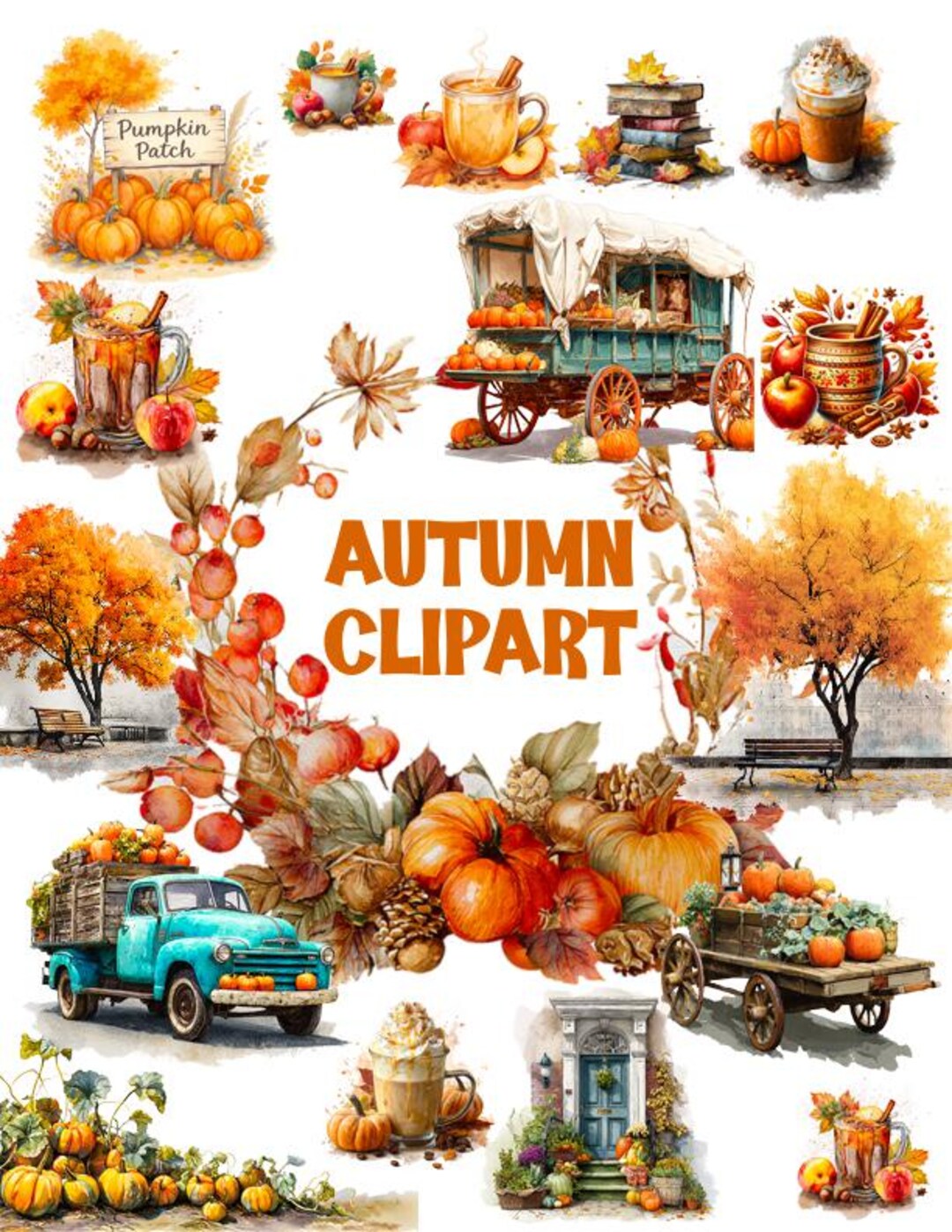 Autumn Watercolor Clipart Bundle: Pumpkins, Leaves, Mugs (PNG Digital ...