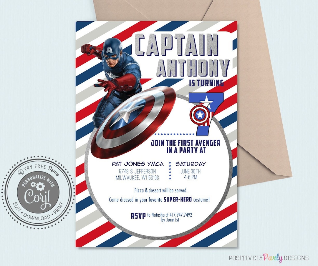 Editable Captain America Birthday Invitation - Editable Invitations ...