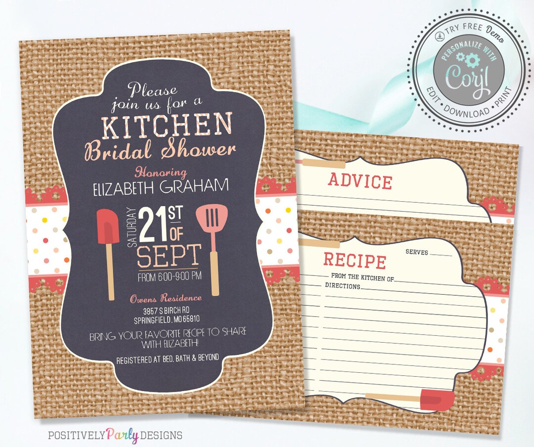 Editable Kitchen Bridal Shower Invitation & Recipe Card (digital ...