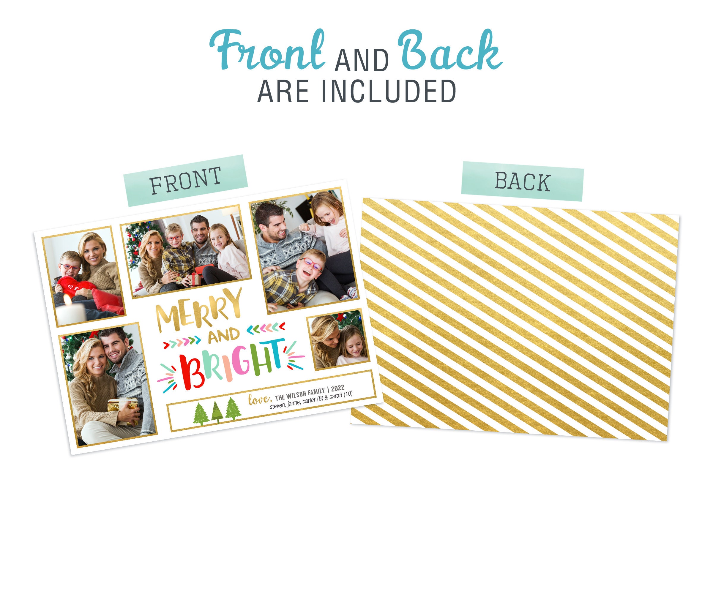 Editable Merry and Bright Colorful Christmas Card Christmas 5 Picture ...