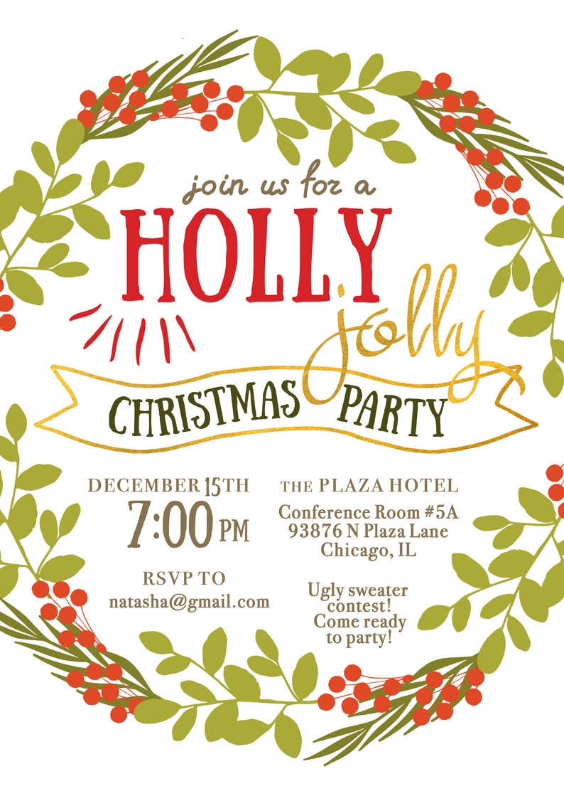 Editable Holly Jolly Christmas Party Wreath Invitation - 2 Sided ...