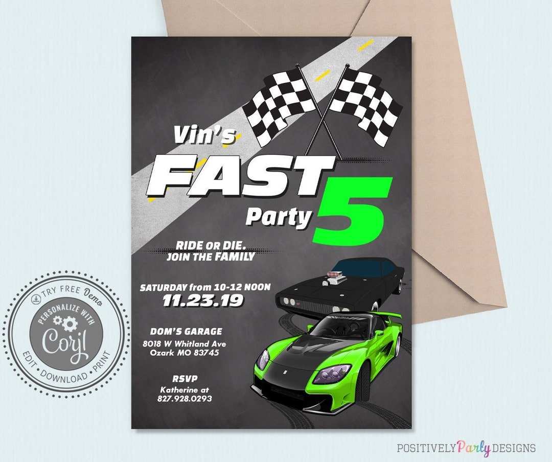 Editable Race Car Fast 5 Birthday Invitation - Editable Invitations ...