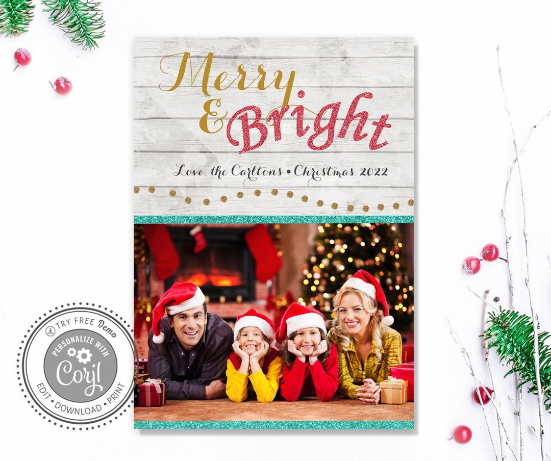 Editable Merry and Bright Christmas Card - Christmas 1 Picture Card ...
