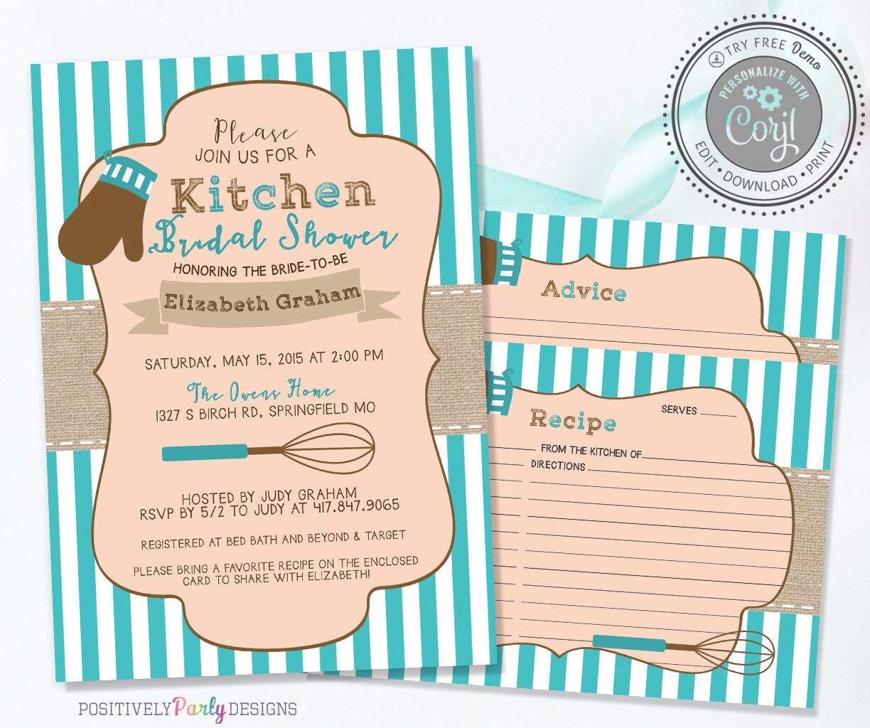 Editable Kitchen Bridal Shower Invitation & Recipe Card (digital ...
