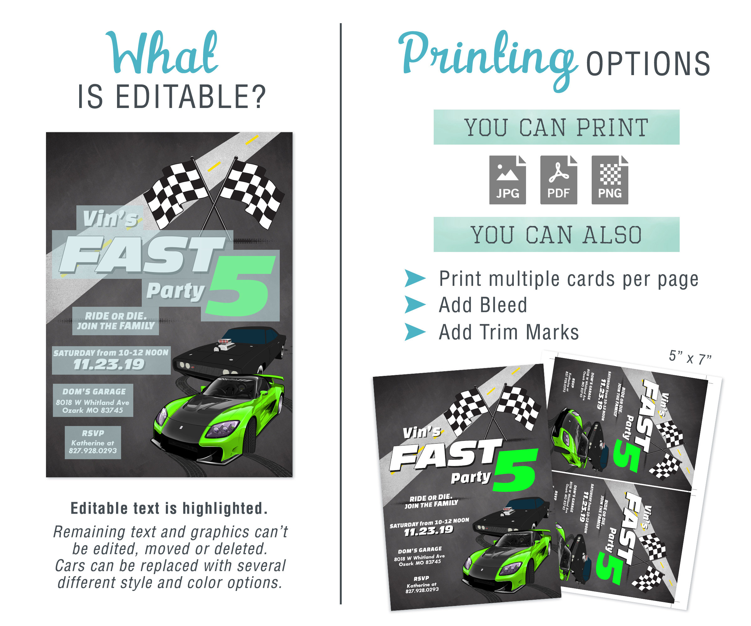 Editable Race Car Fast 5 Birthday Invitation Editable Invitations ...