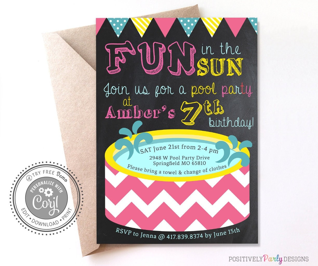 Chalkboard Pool Party Birthday Invitation - Editable Invitations ...