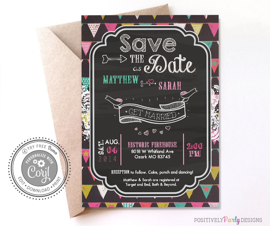 Editable Chalkboard Rainbow Flags Save the Date Invitation - Editable ...
