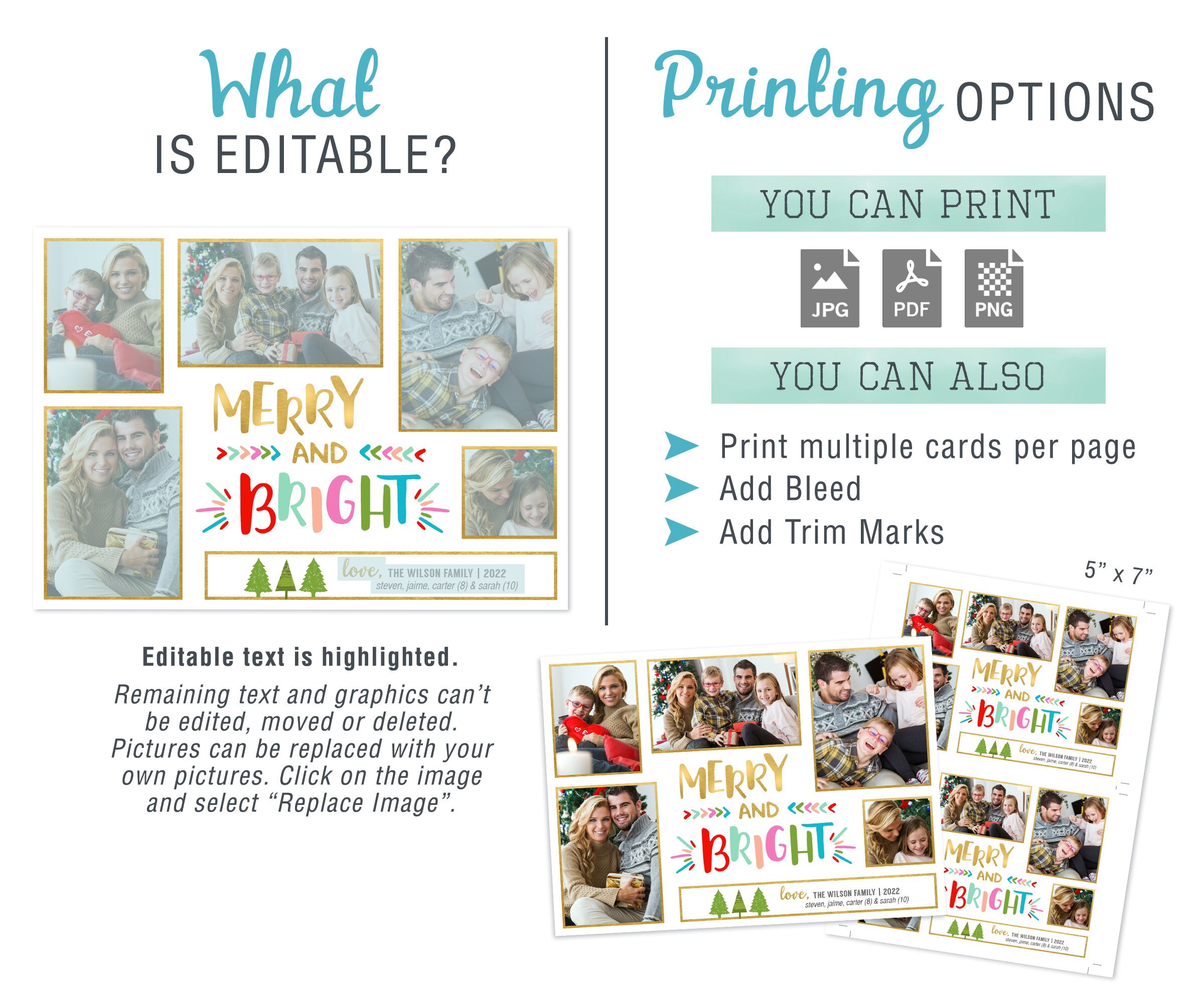 Editable Merry and Bright Colorful Christmas Card Christmas 5 Picture ...