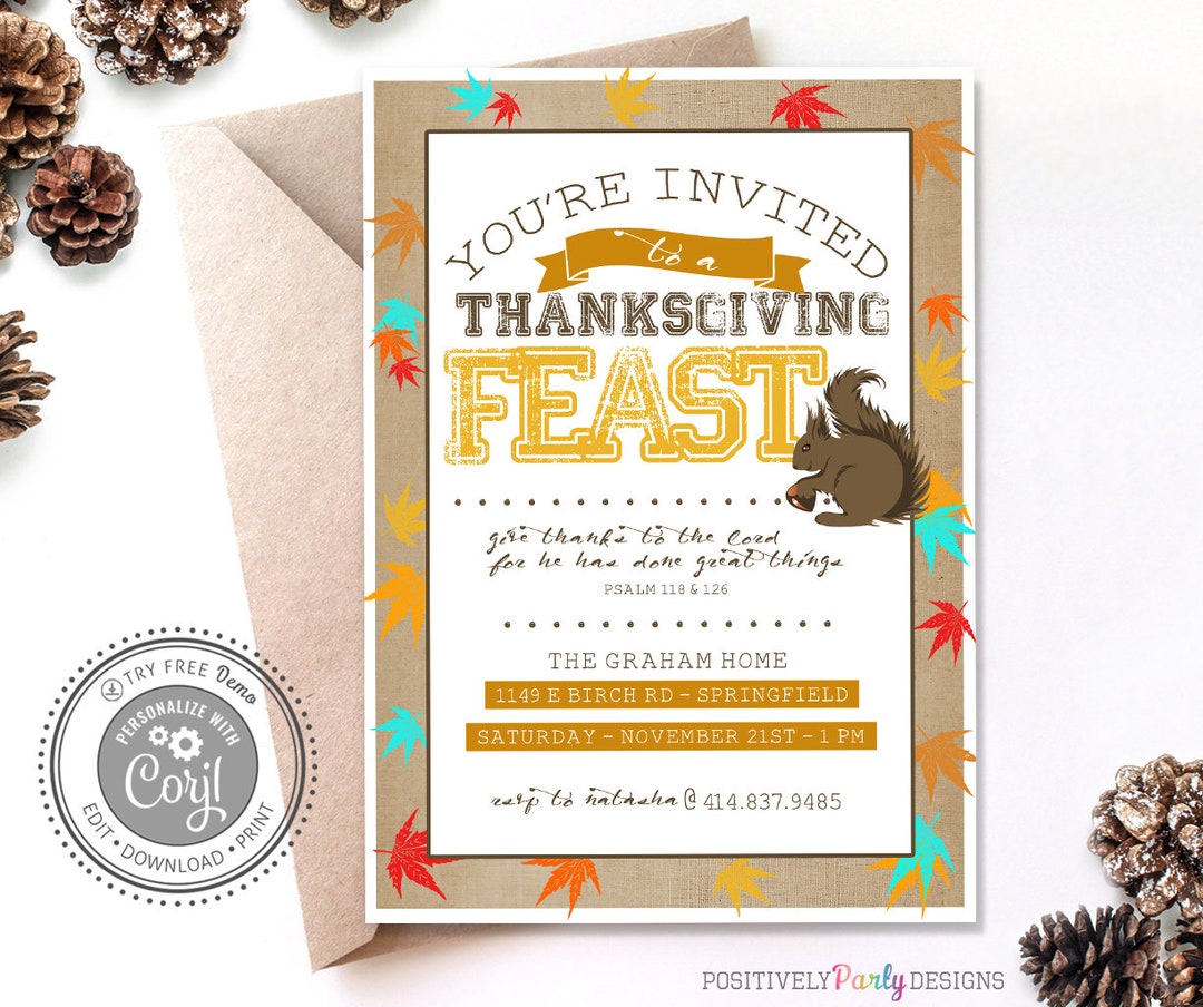 Editable Thanksgiving Feast Invitation - Fall Squirrel - Editable ...