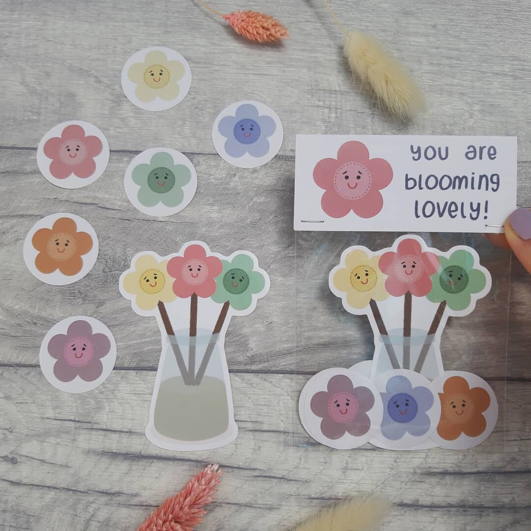 Happy Flower Sticker Set, 6 Happy Flower Paper Stickers, Flower Vase ...