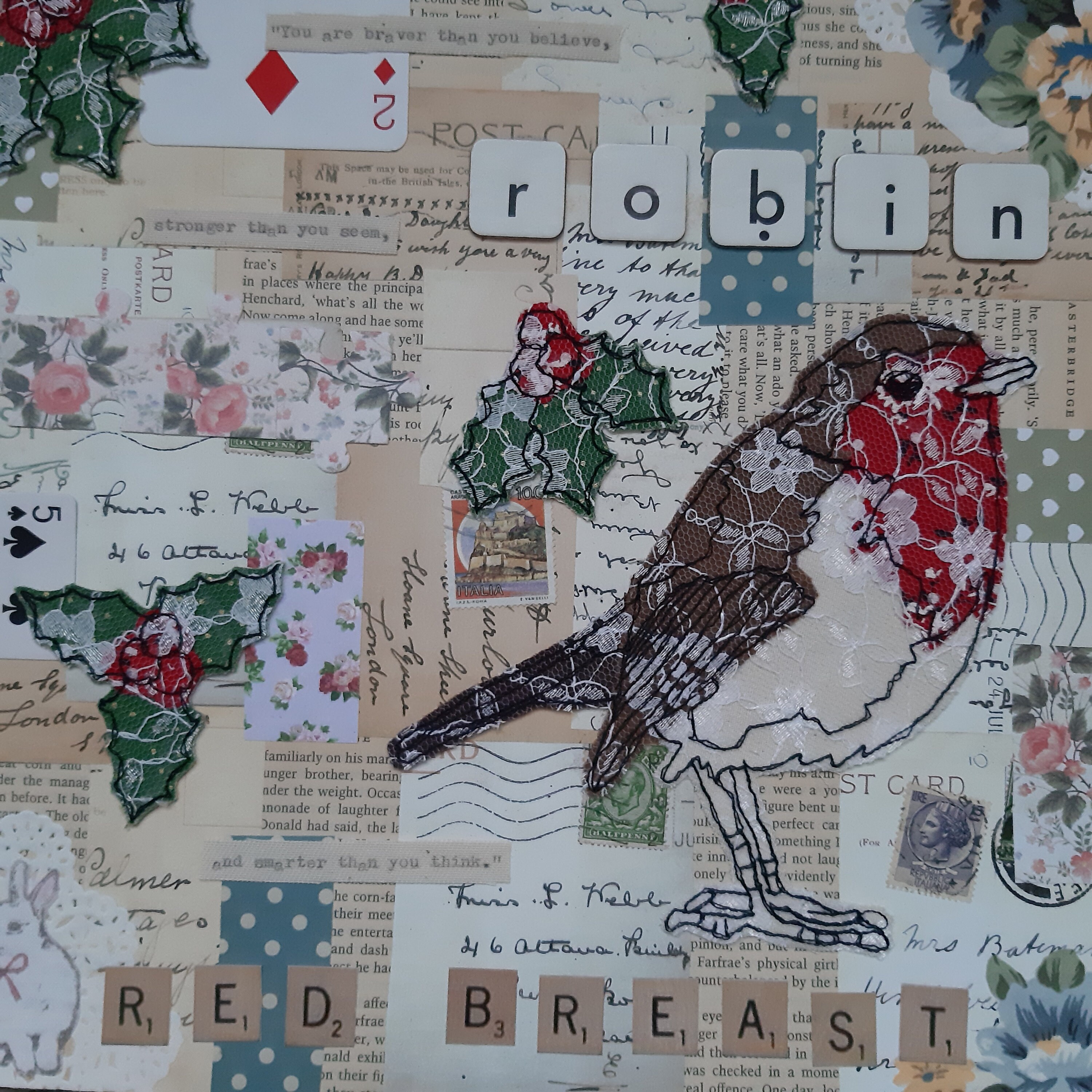 Robin Mixed Media Collage Robin Red Breast Free Motion - Etsy Hong Kong
