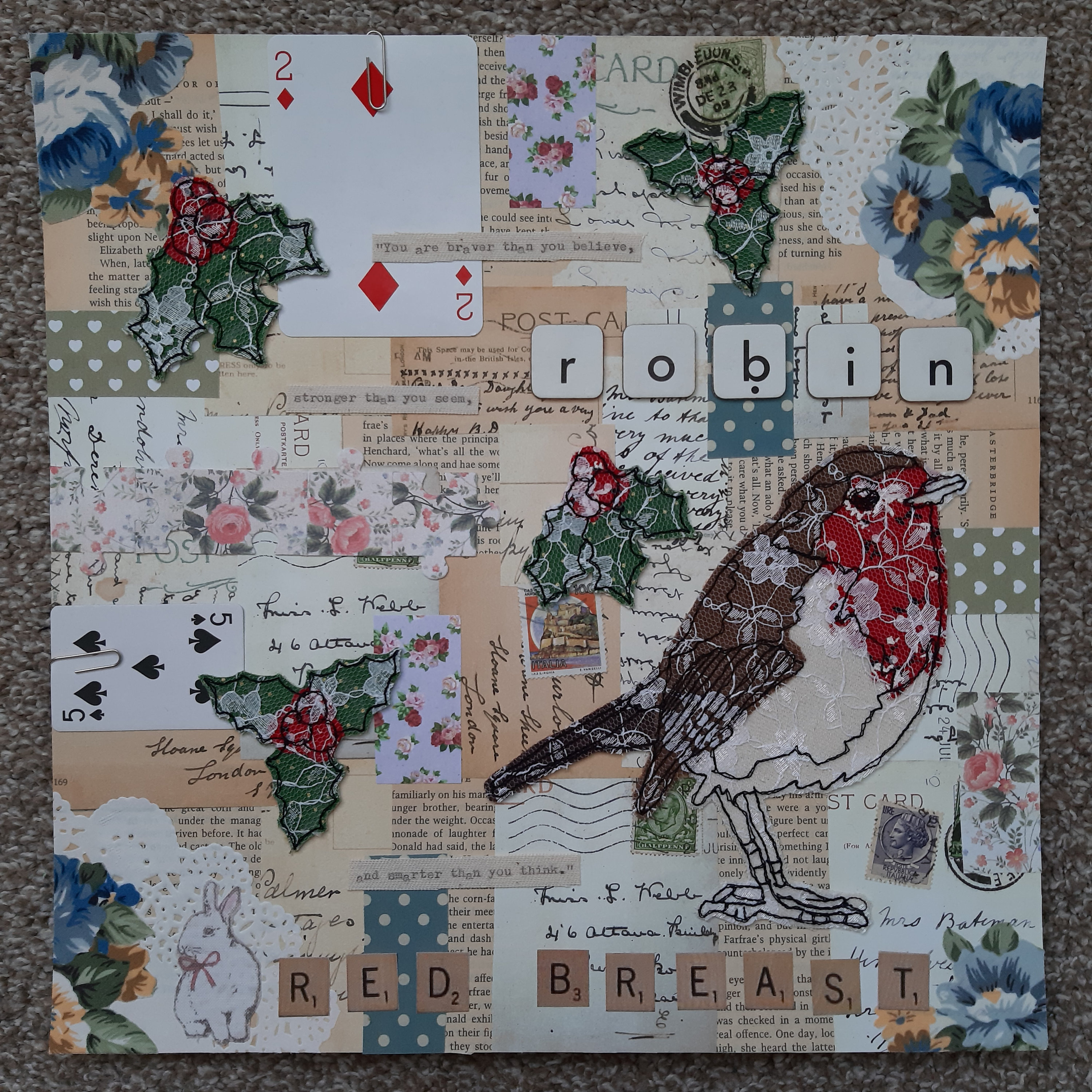 Robin Mixed Media Collage Robin Red Breast Free Motion - Etsy España