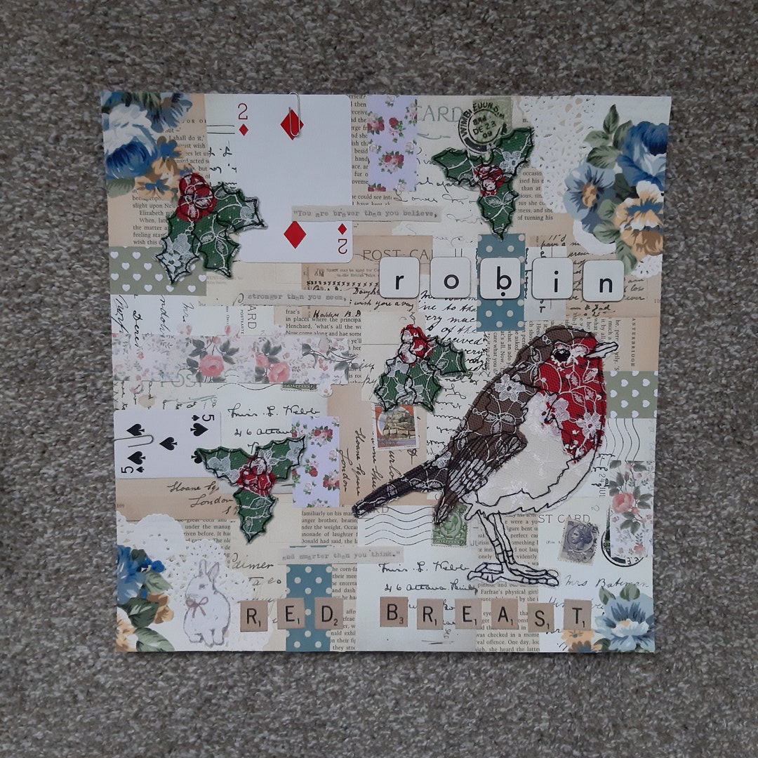 Robin Mixed Media Collage, Robin Red Breast Free Motion Applique ...
