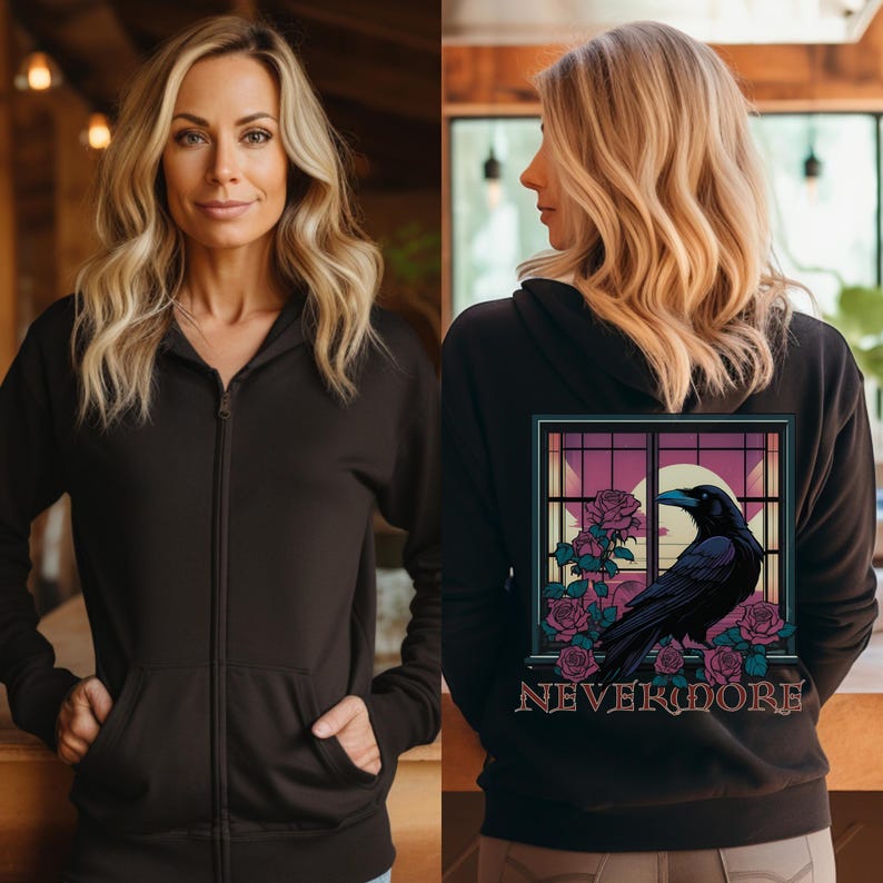 Poe Fan Raven Full Zip Hoodie Nevermore Gothic Lover Unisex Hooded ...