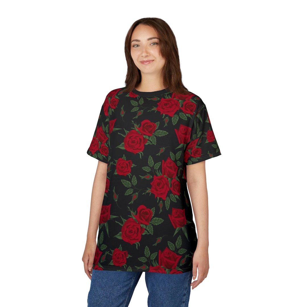 Red Roses Unisex Tee, Alternative Goth Floral Print Shirt, All Over Red ...