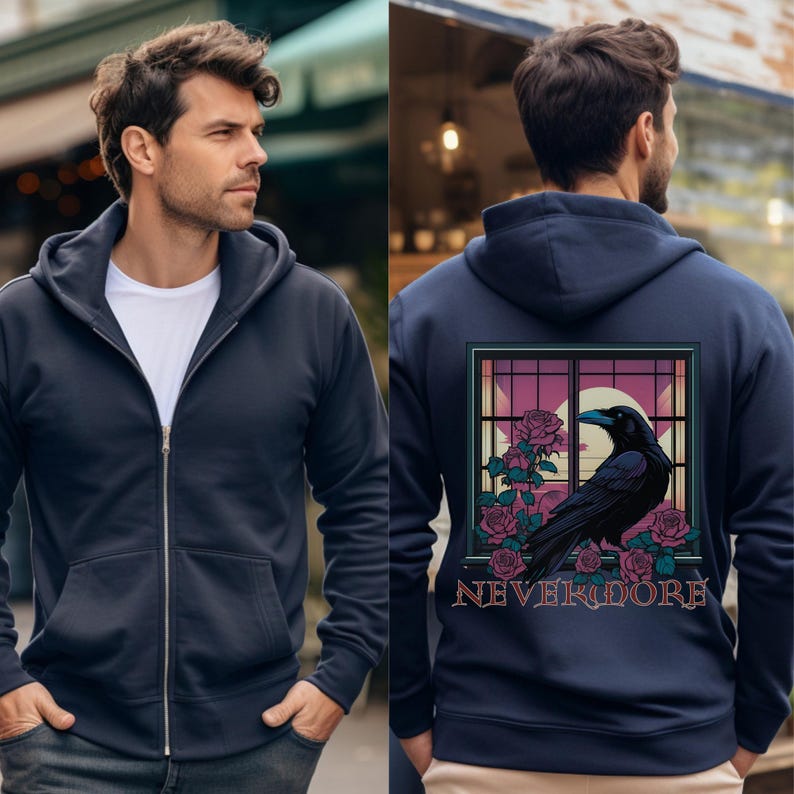 Poe Fan Raven Full Zip Hoodie Nevermore Gothic Lover Unisex Hooded ...