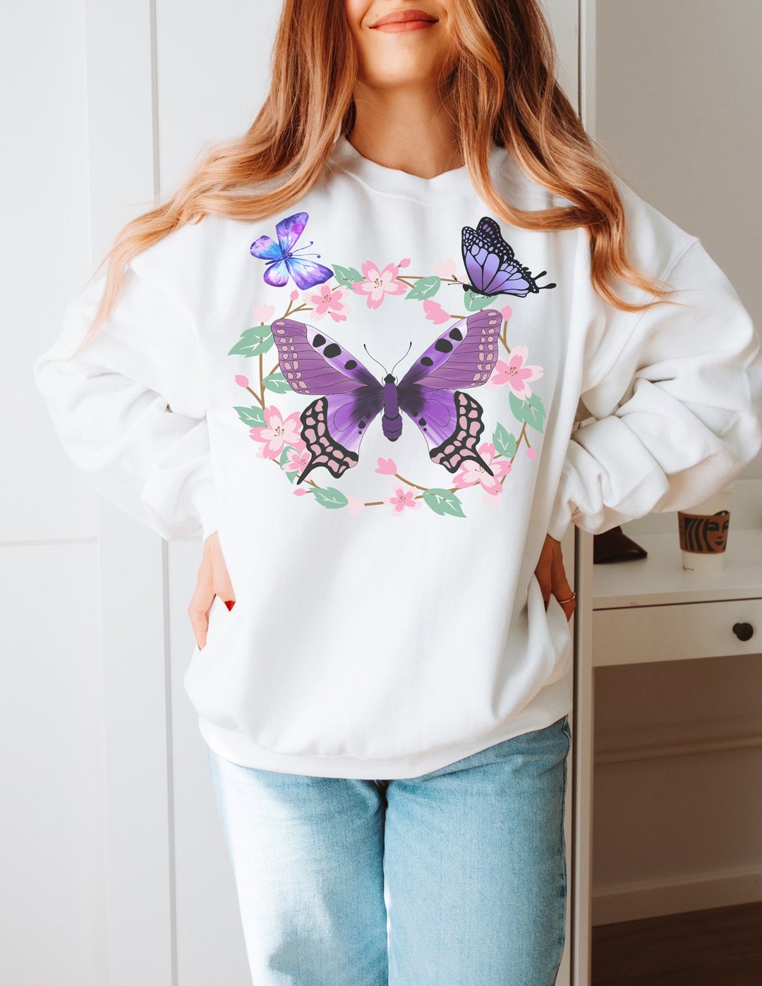 Purple Butterflies Sweatshirt Original Graphic Art Pink - Etsy