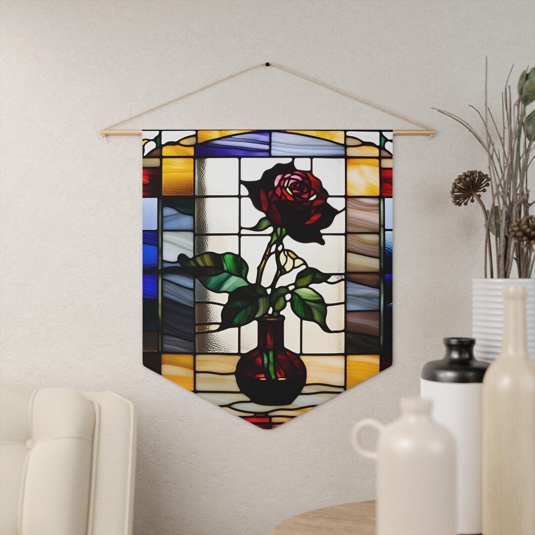 Pennant Flag, Enchanted Red Rose Wall Decor, Stained Glass Look, Modern ...