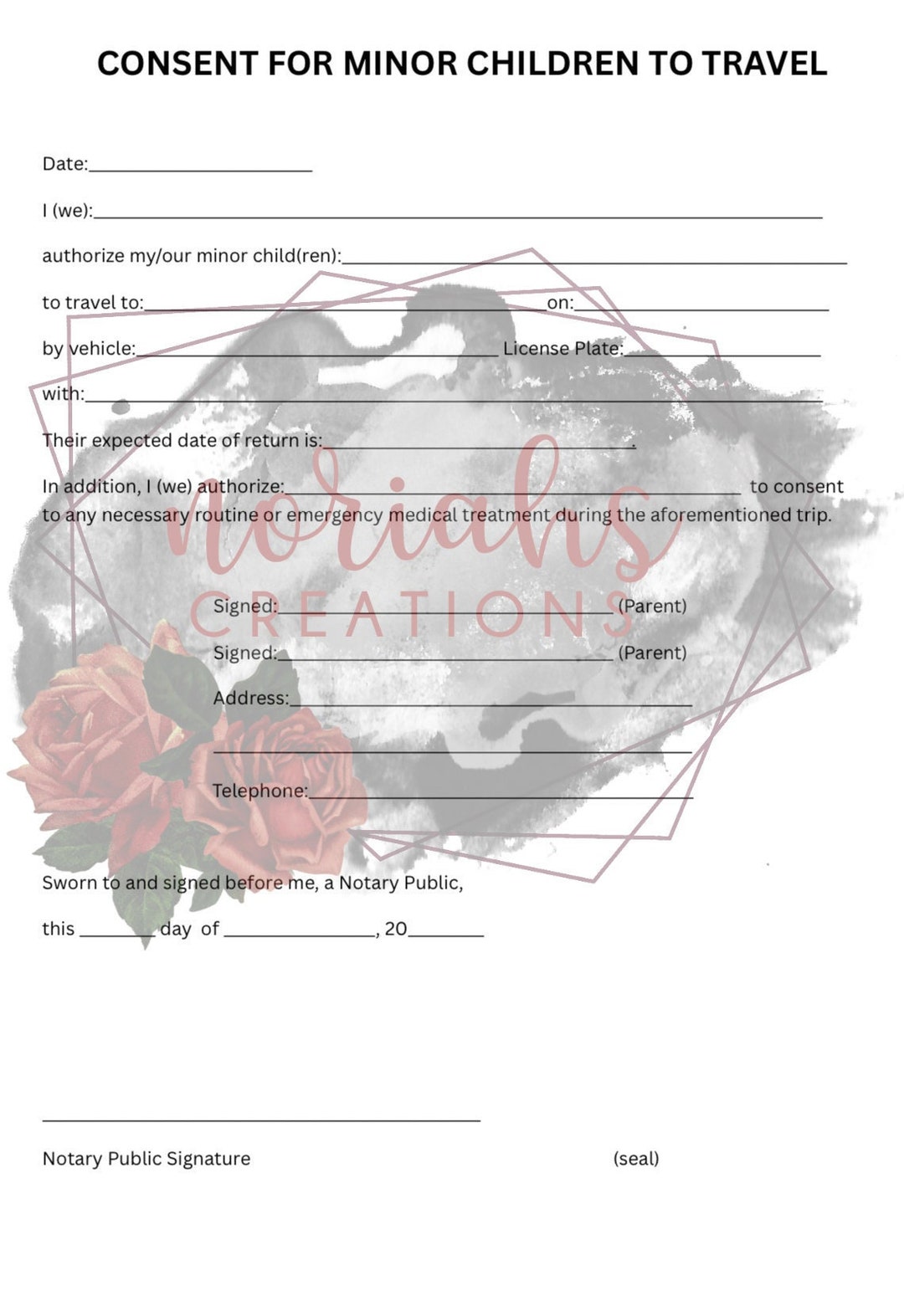 Consent Form for Minor Children to Travel by Car With Notary Signature ...