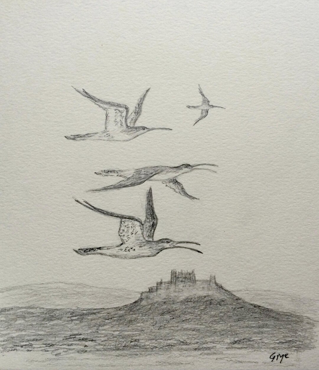 Original Pencil Drawing of Curlew Flighting Over Bamburgh Castle - Etsy