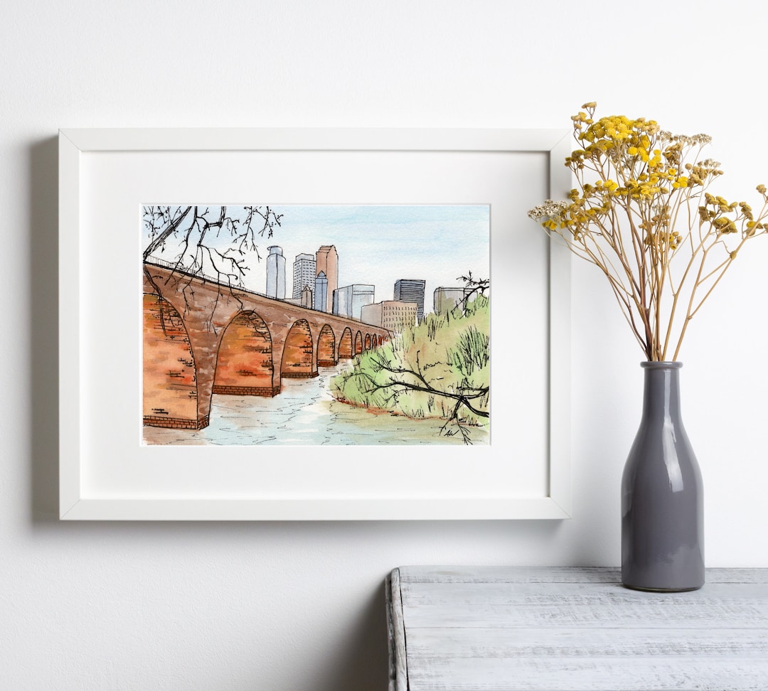 Stone Arch Bridge Watercolor Print - Ink and Pen Drawing - Minneapolis ...