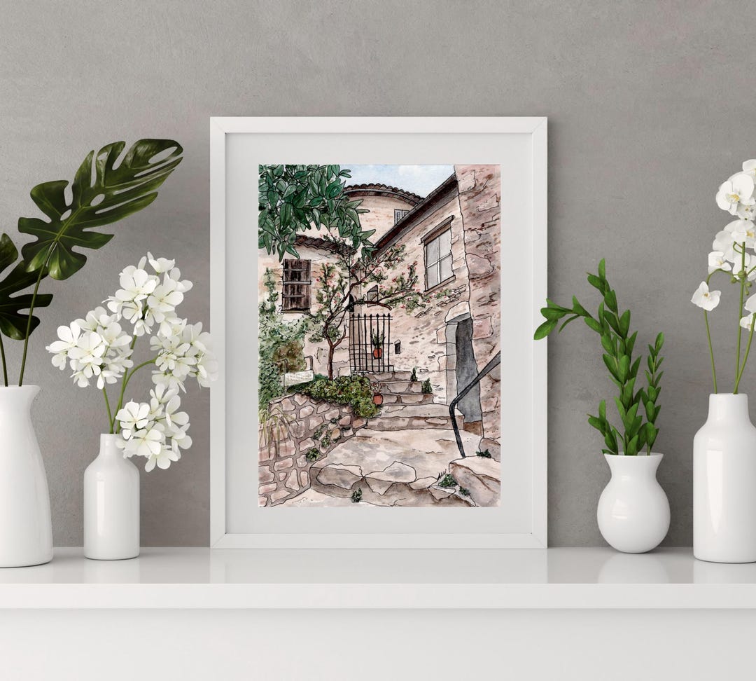 Eze Village Watercolor Print - Ink and Pen Drawing - French Countryside ...