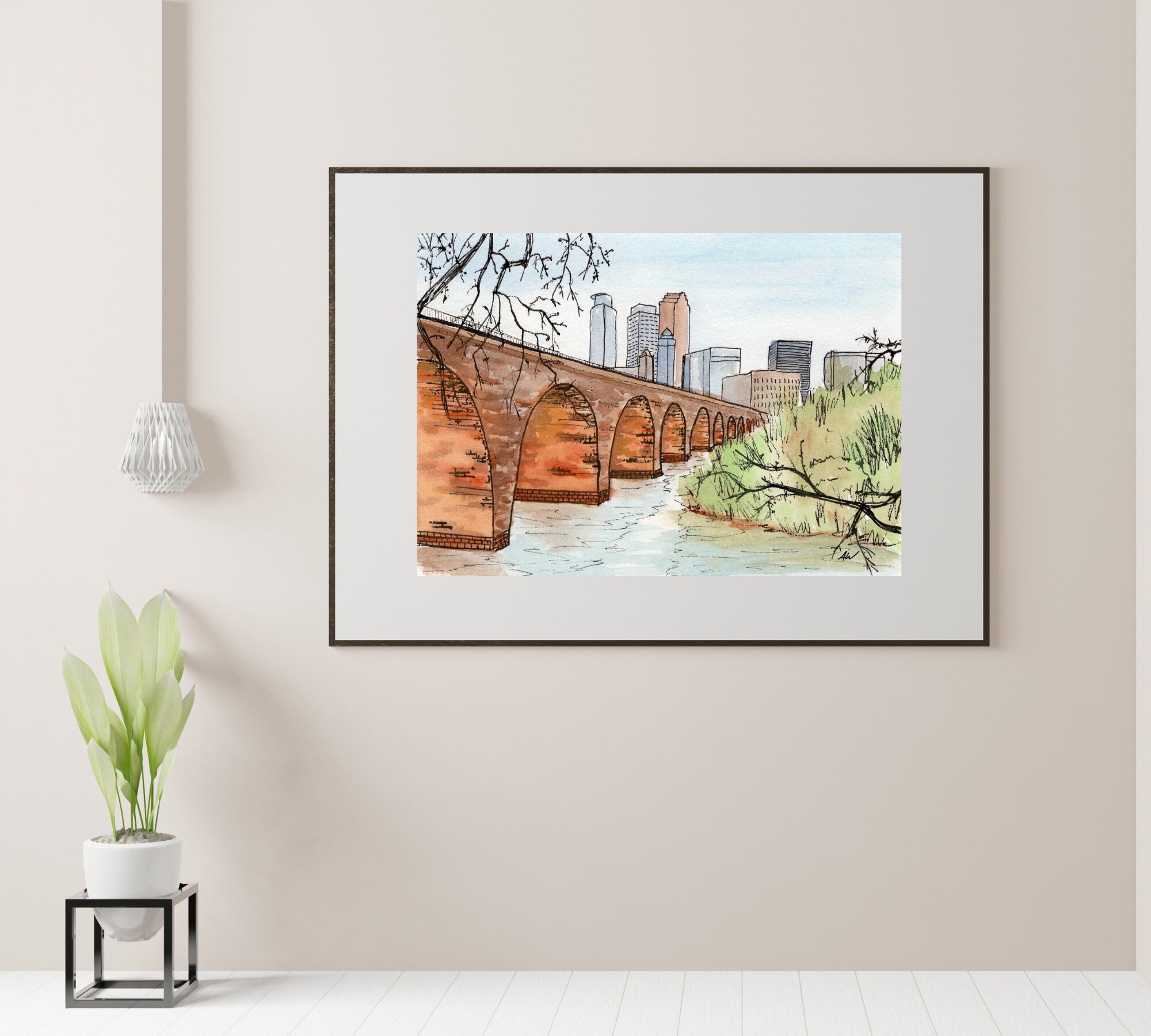 Stone Arch Bridge Watercolor Print - Ink and Pen Drawing - Minneapolis ...