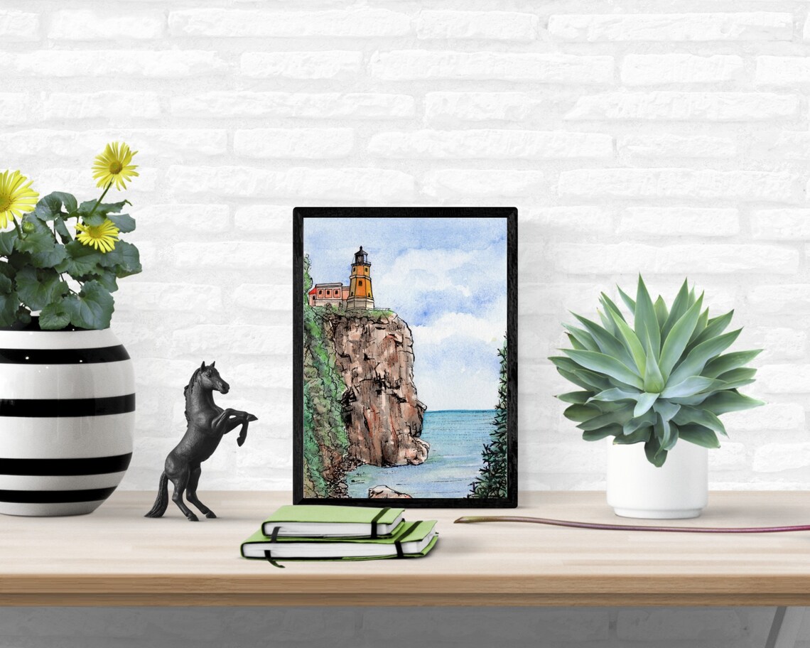 Split Rock Lighthouse Watercolor Print Ink and Pen Drawing - Etsy
