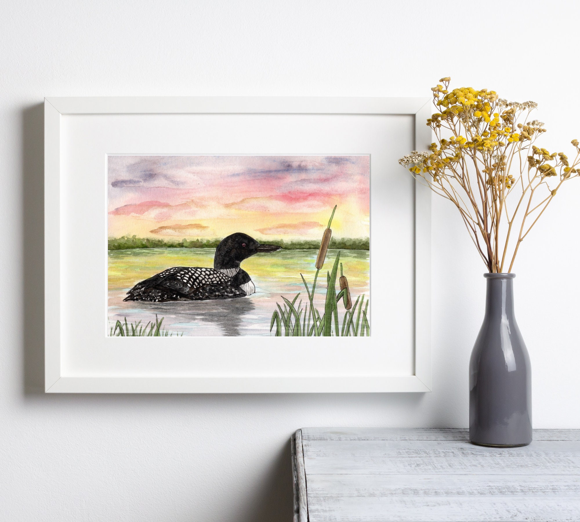 Loon on a Lake at Sunset Watercolor Print - Ink and Pen Drawing - up ...