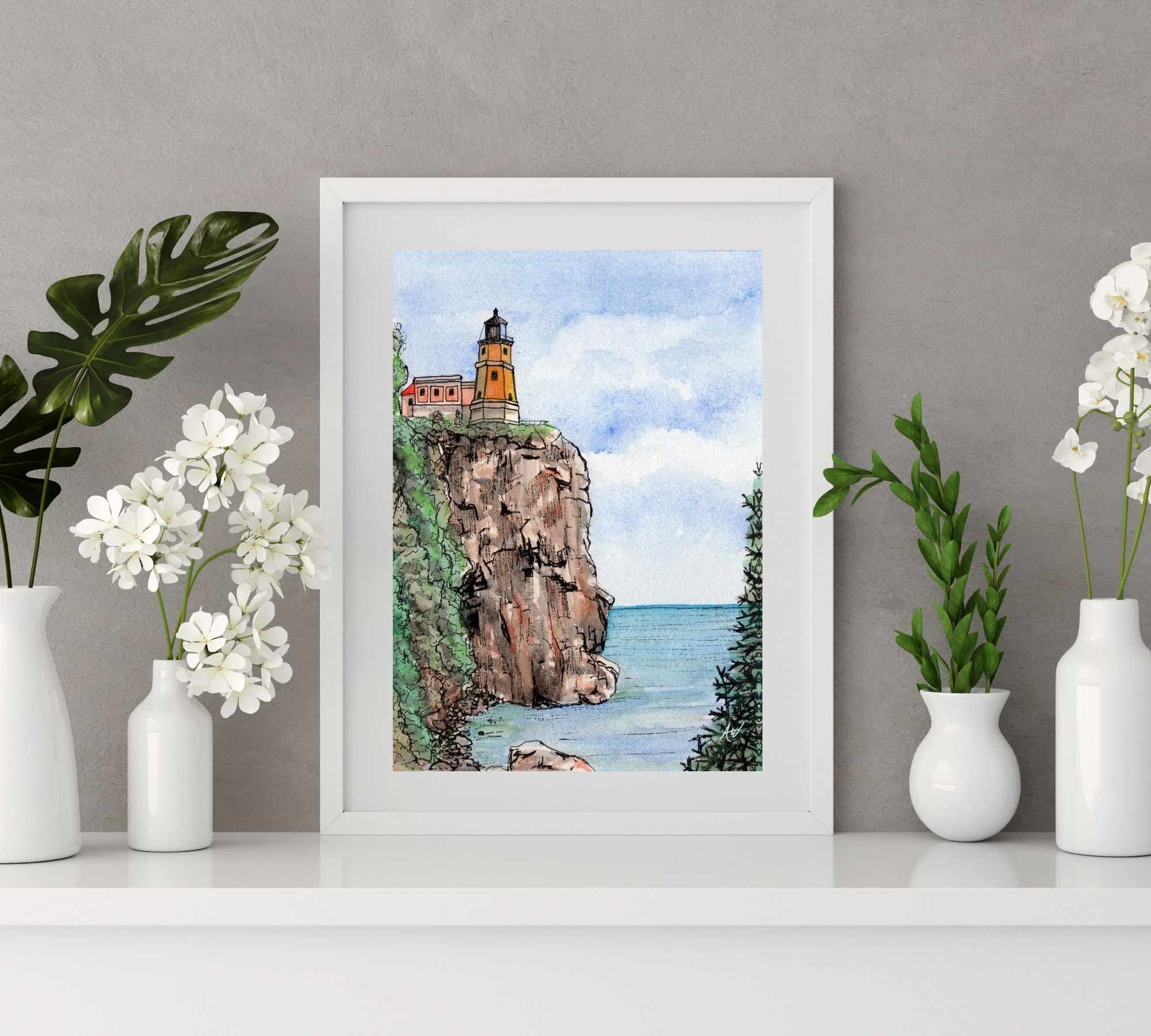 Split Rock Lighthouse Watercolor Print Ink and Pen Drawing - Etsy
