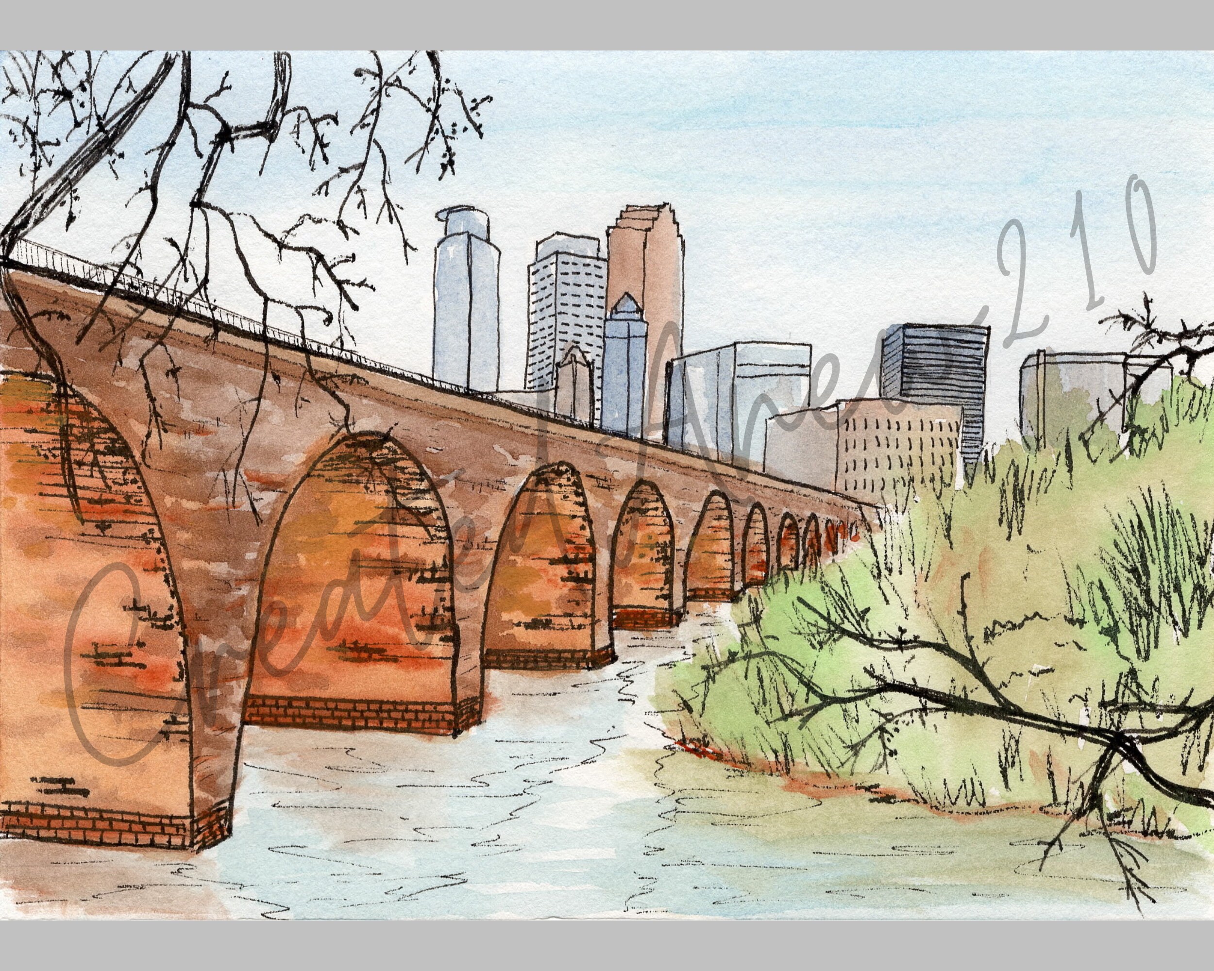 Stone Arch Bridge Watercolor Print - Ink and Pen Drawing - Minneapolis ...