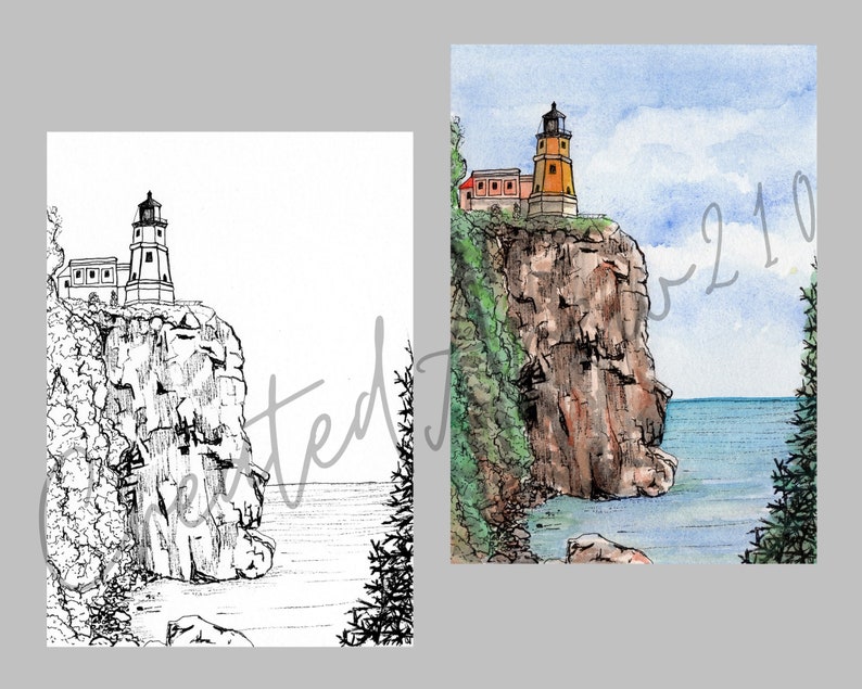 Split Rock Lighthouse Watercolor Print Ink and Pen Drawing - Etsy