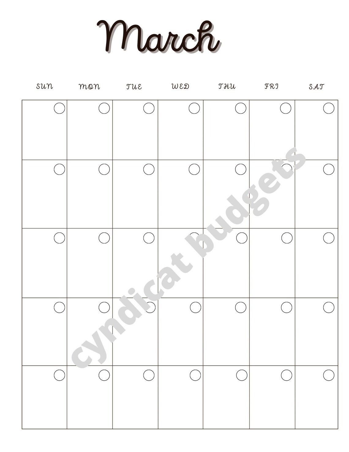 Undated March Calendar Sheet - Etsy