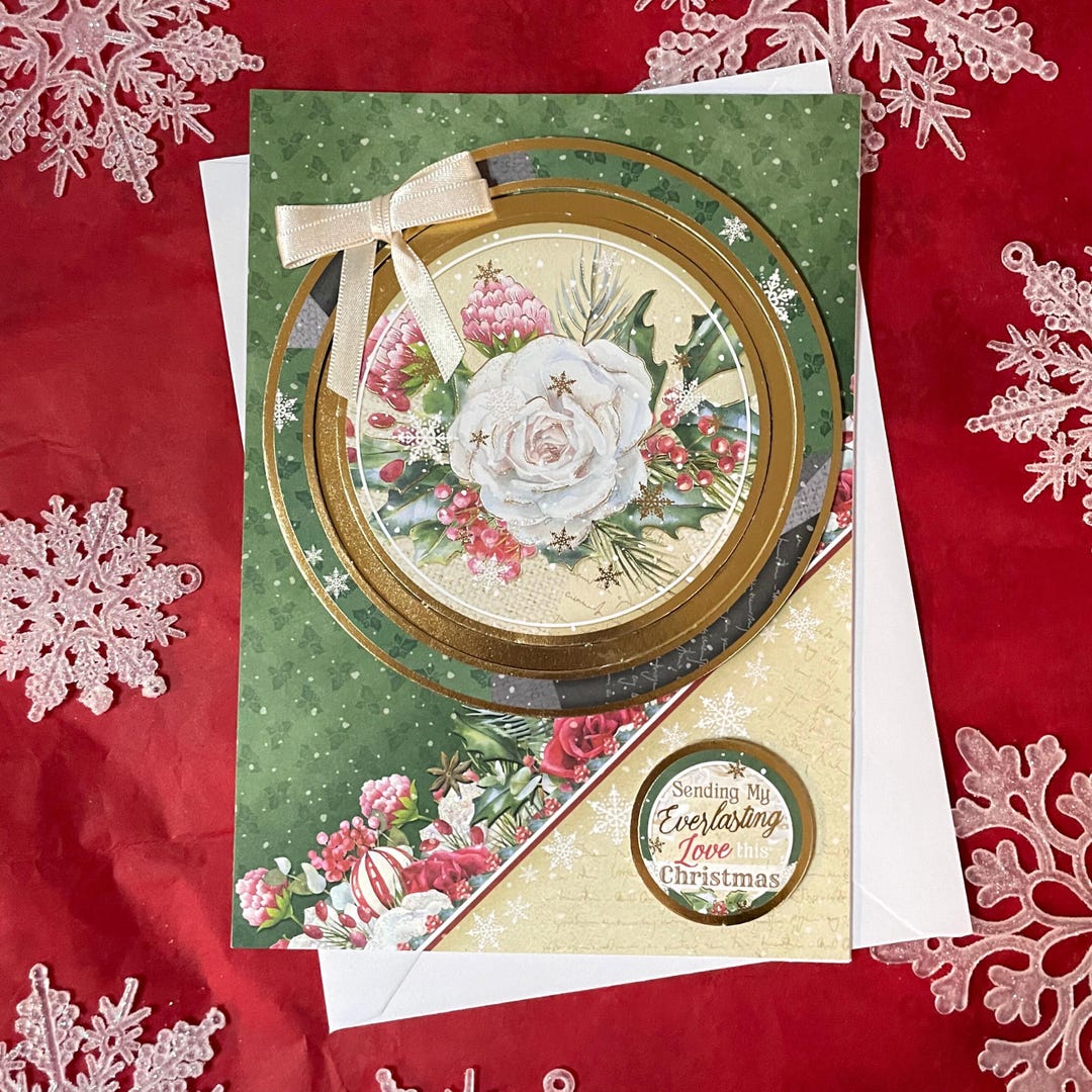 Everlasting Love Christmas Card, White Rose and Holly, Ornaments and ...