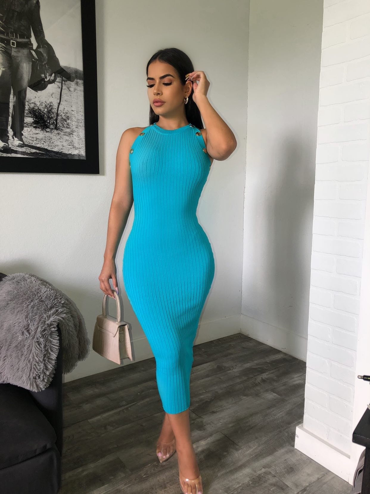 Blue Sleeveless Ribbed Midi Dress | Etsy