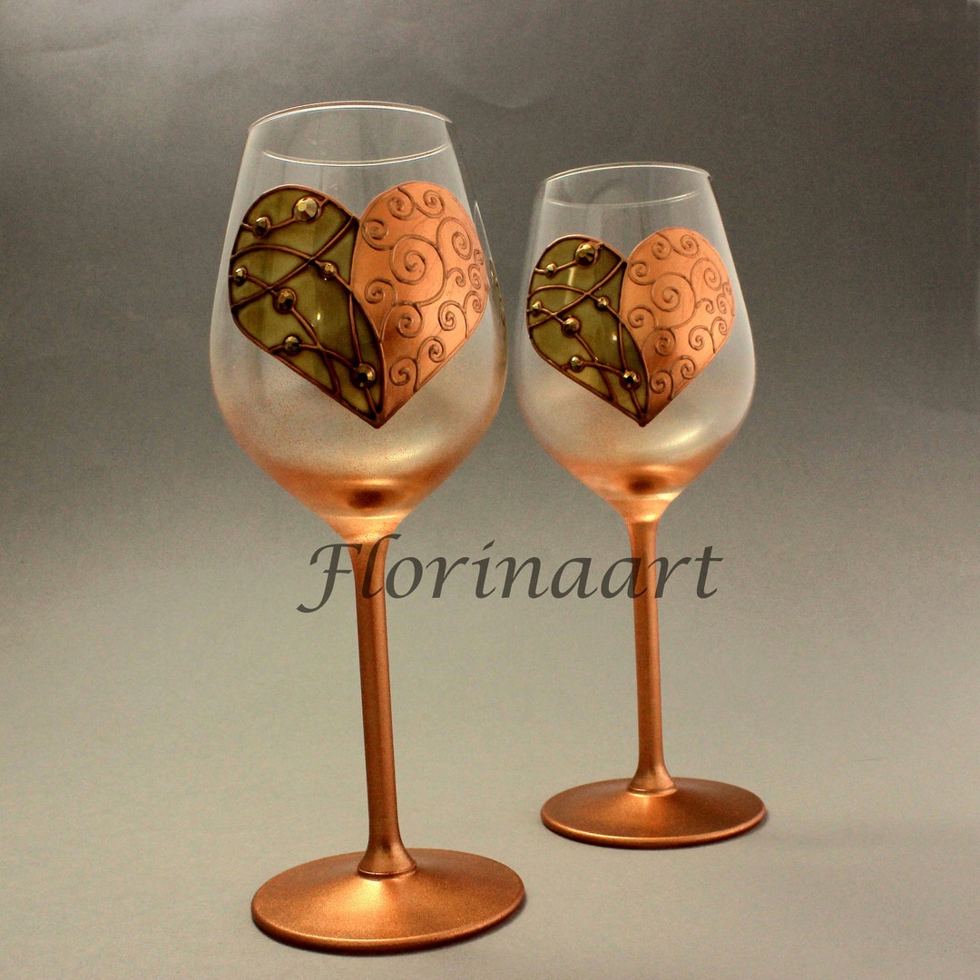 Bronze Wedding Anniversary Gift for Wife, Bronze Heart Wine Glasses ...