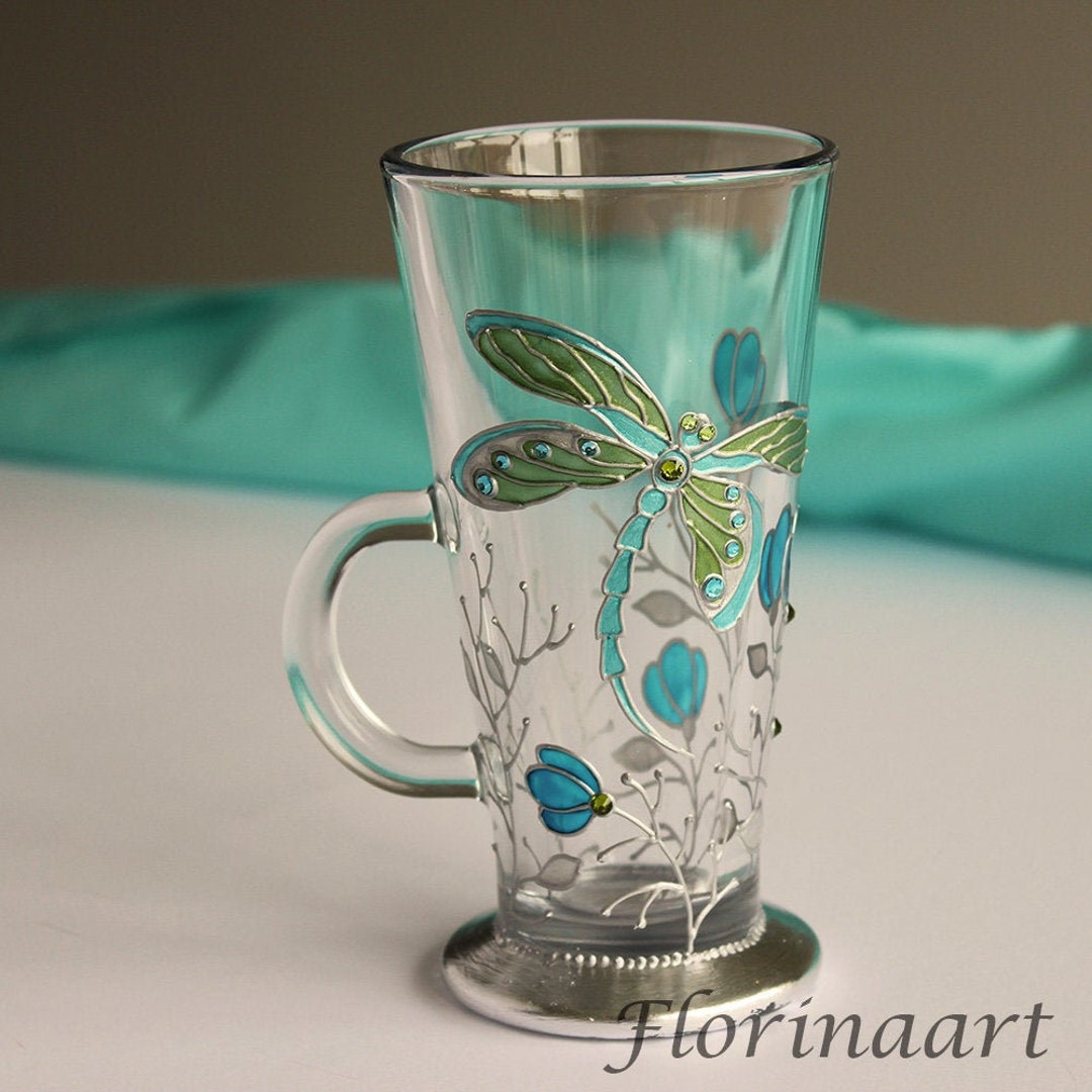 Dragonfly Tea Cup, Glass Mug, Irish Coffee Cup, Hand Painted Glass ...