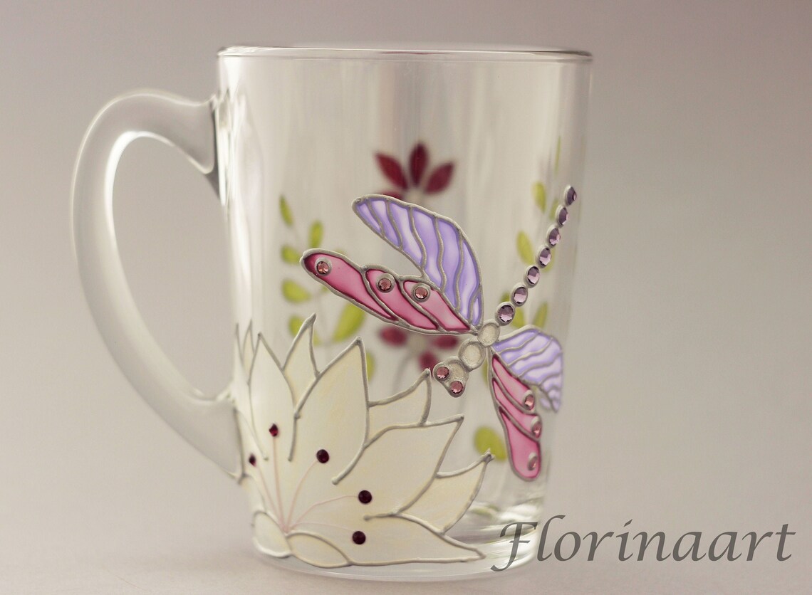 Dragonfly Tea Cup Glass Mug Irish Coffee Cup Hand Painted - Etsy