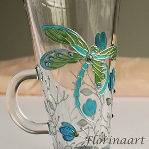 Dragonfly Tea Cup, Glass Mug, Irish Coffee Cup, Hand Painted Glass ...