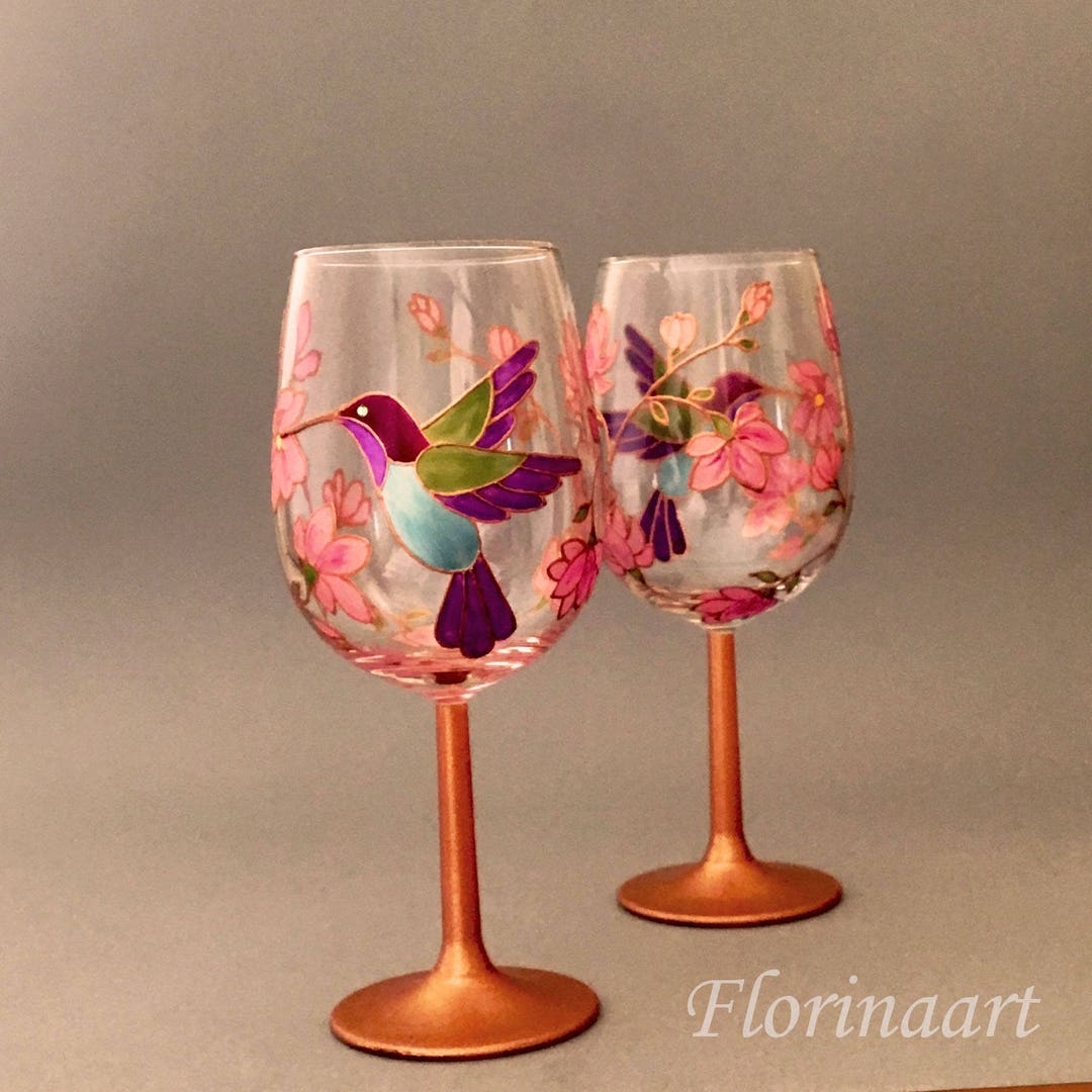 Hummingbird Hand Painted Wine Glasses, Hummingbird Gift Glass for ...
