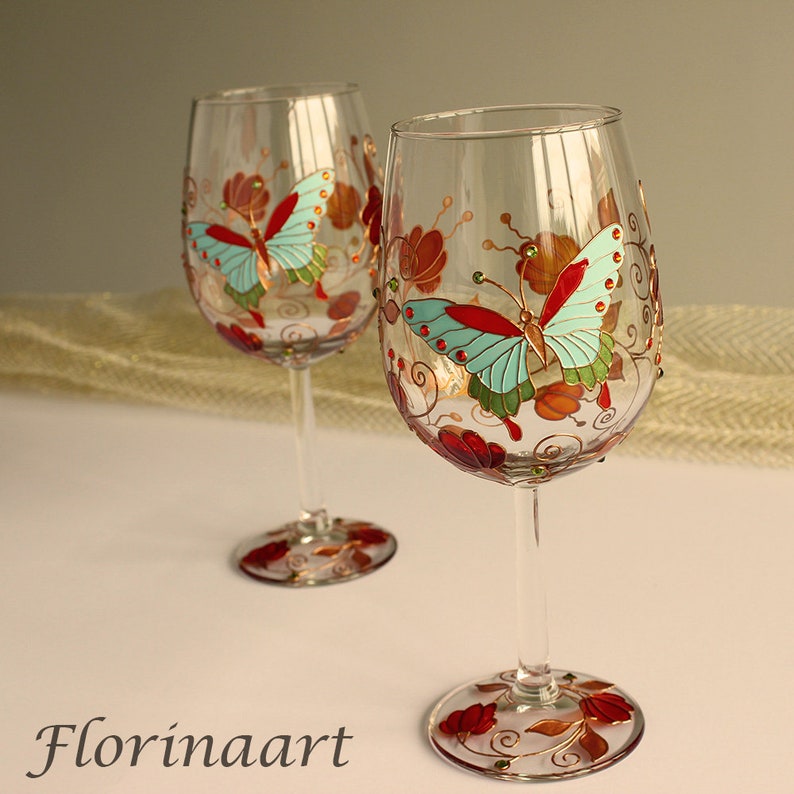 Butterfly Wine Glasses, Wedding Anniversary Gift for Her, Hand Painted ...