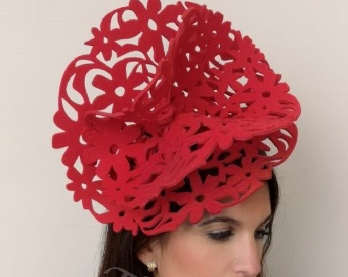 Original Red Felt Fascinator, Red Flower Hat, Red Wedding Hat, Womens ...