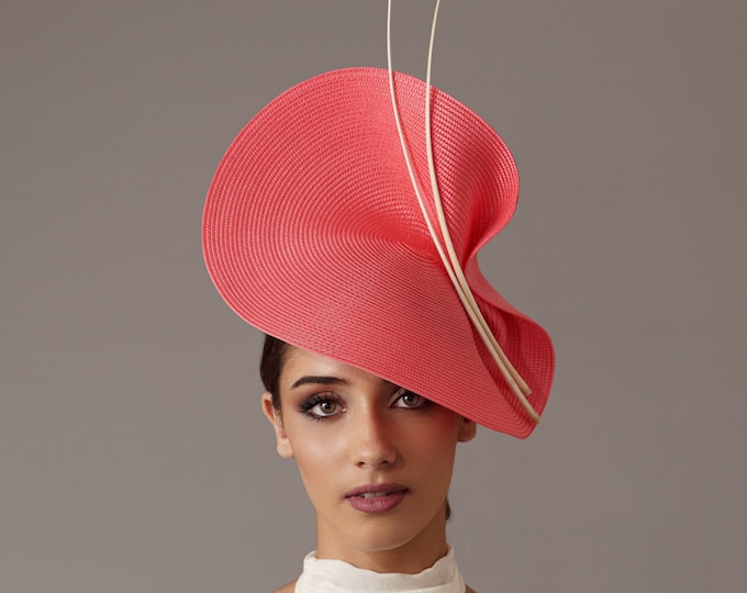 White and Coral Woman Derby Hat, Coral Ascot Ladies Hat, Wedding ...